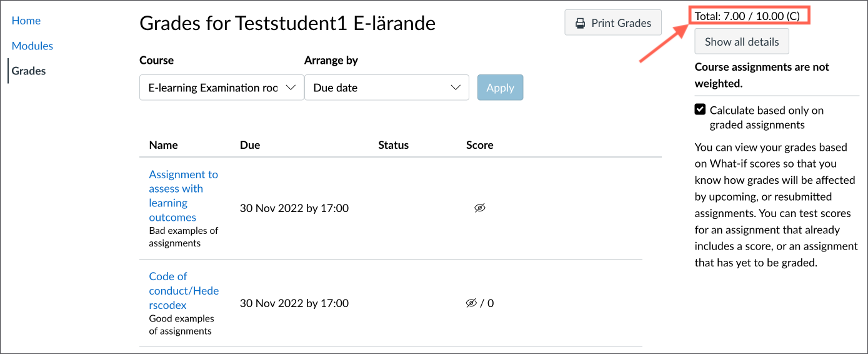 Total grade is no longer shown to students in new course and examination rooms in Canvas | KTH ...